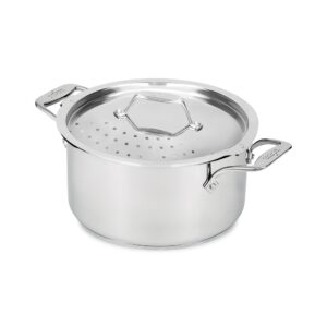 all-clad simply strain stainless steel multipot with straining lid, 6-quart, induction, oven broiler safe 600f, strainer, pasta strainer with handle, steamer pot, cookware, home, pots and pans, silver