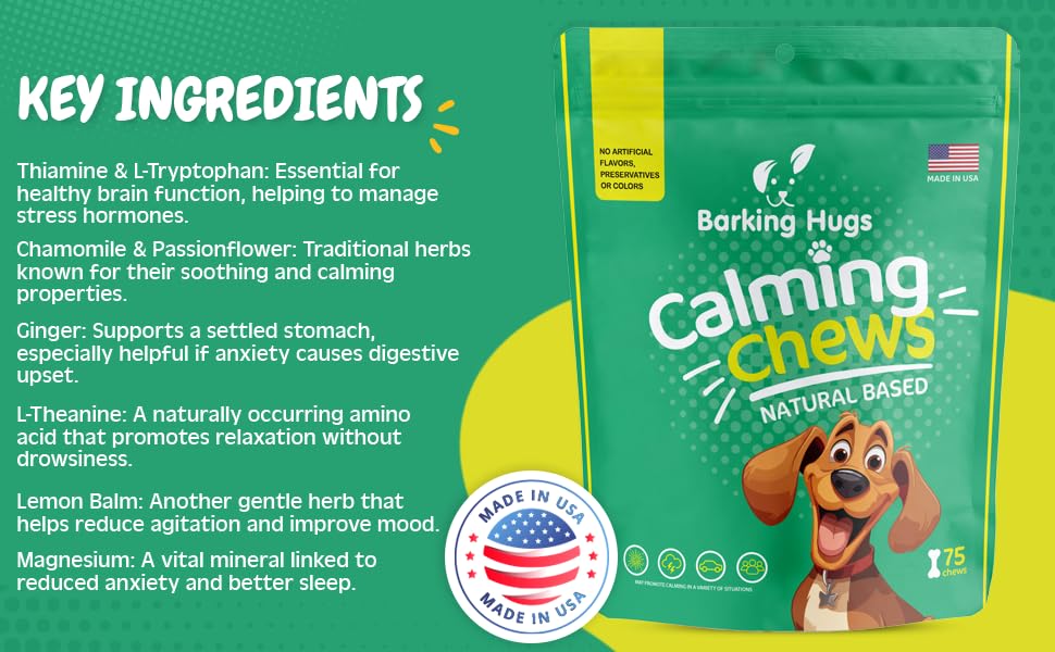 BARKING HUGS Calming Chews for Dogs - Natural Dog Stress and Anxiety Relief - Dog Relaxing Treats for Anxiety - Helps with Separation Anxiety, Fireworks, Lightning, These Contain no Hemp.