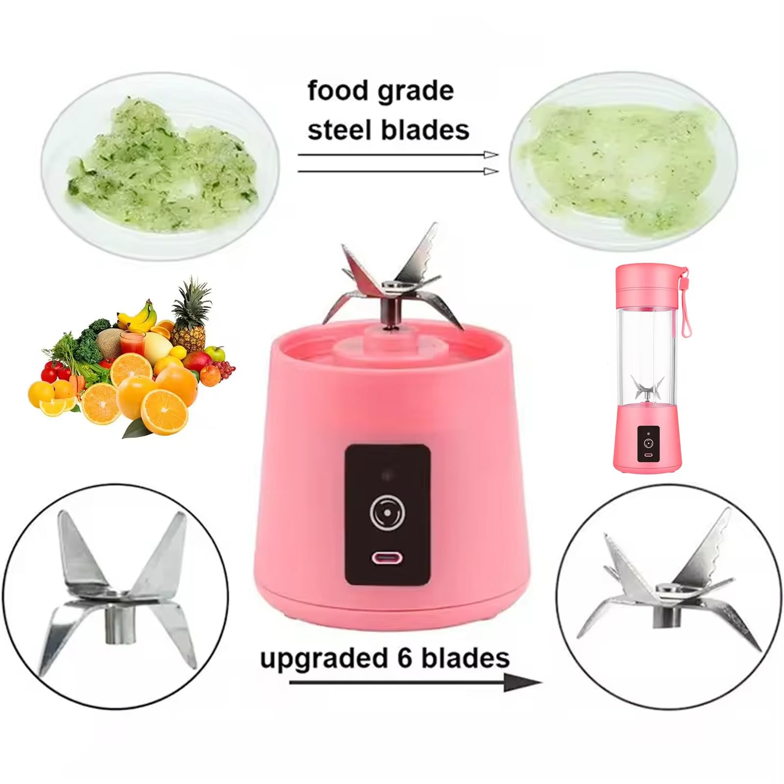 Portable Blender, Personal Blender Portable, USB Portable Blender for Smoothies with 6 Ultra Sharp Blades, Portable Blenders for Travel/Picnic/Office/Gym Pink