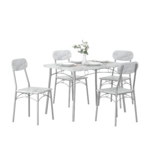 VECELO 5-Piece Dining Room Table Set, Rectangular Dinette with 4 Chairs for Kitchen, Breakfast Nook, Small Space, Marble White