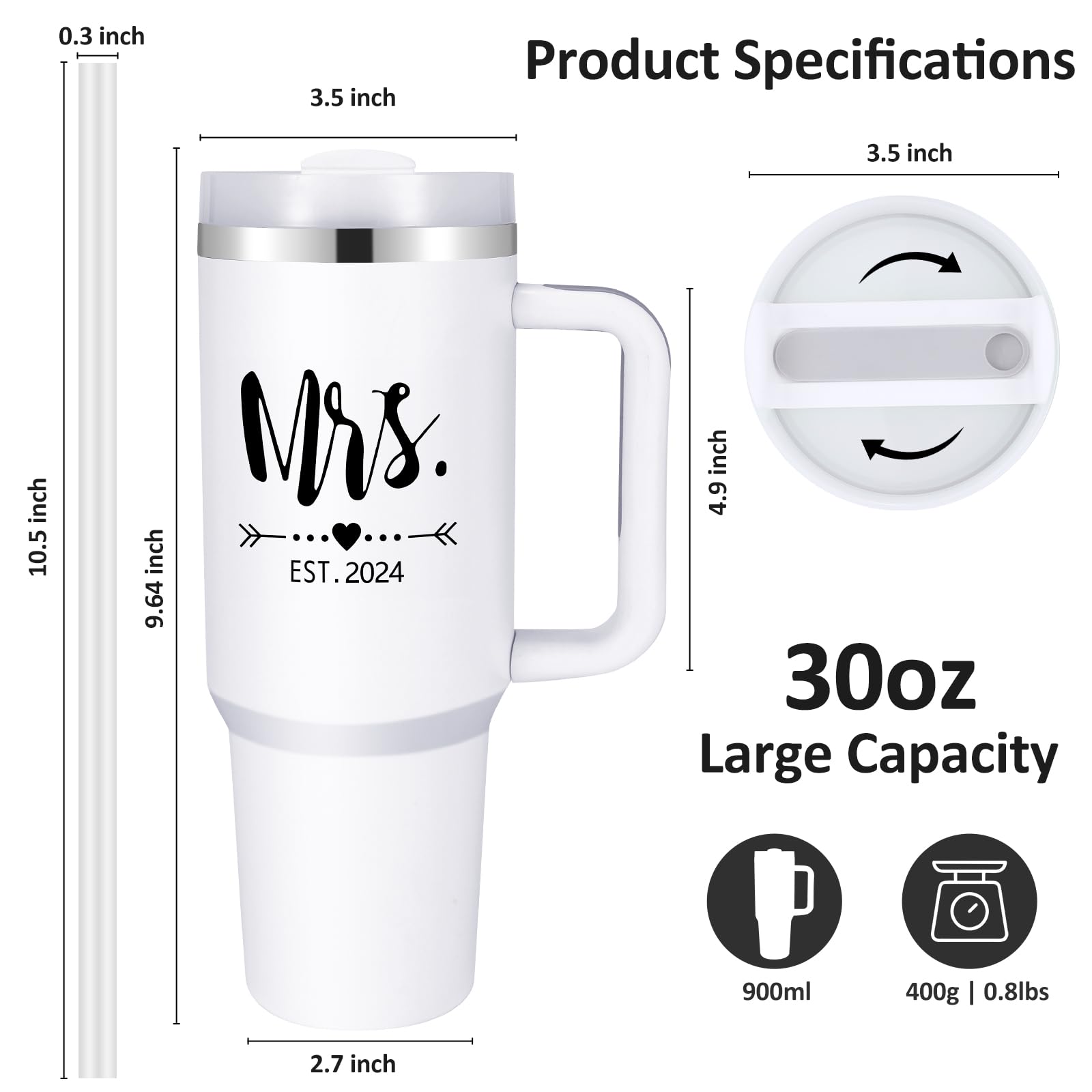 Mr & Mrs Tumblers, Mr and Mrs EST 2024 Stainless Steel Insulated Tumbler Set with Straw & Handle, 30 oz Travel Mug Tumbler for Couples Engagement Wedding Gifts, Cups for Bridal Shower Anniversary