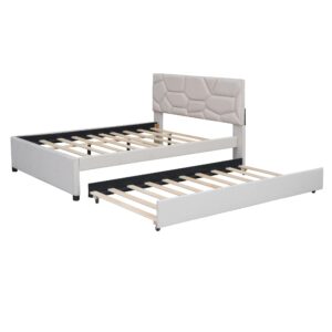 Favfurish Full Upholstered Platform Bed with Brick Pattern Headboard, with Twin Size Trundle,for Bedroom,Living, Guest Room,Apartment, Linen Fabric,Beige