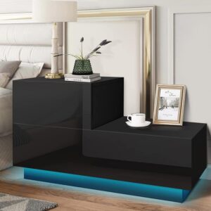 hommpa small led nightstand modern black 2 drawers bedside table for children high gloss night stand with light night table with storage cabinet for bedroom 19.7" l x 15.7" w x 16.1" h