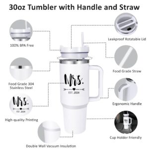 Mr & Mrs Tumblers, Mr and Mrs EST 2024 Stainless Steel Insulated Tumbler Set with Straw & Handle, 30 oz Travel Mug Tumbler for Couples Engagement Wedding Gifts, Cups for Bridal Shower Anniversary