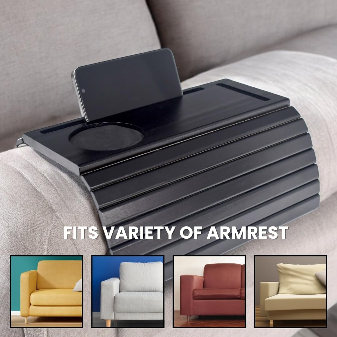 Bamboo Couch Arm Tray Table Clip-On Foldable Sofa Armrest Tray for Drinks, Snacks - Anti-Slip Design for Wide Couches and Small Spaces