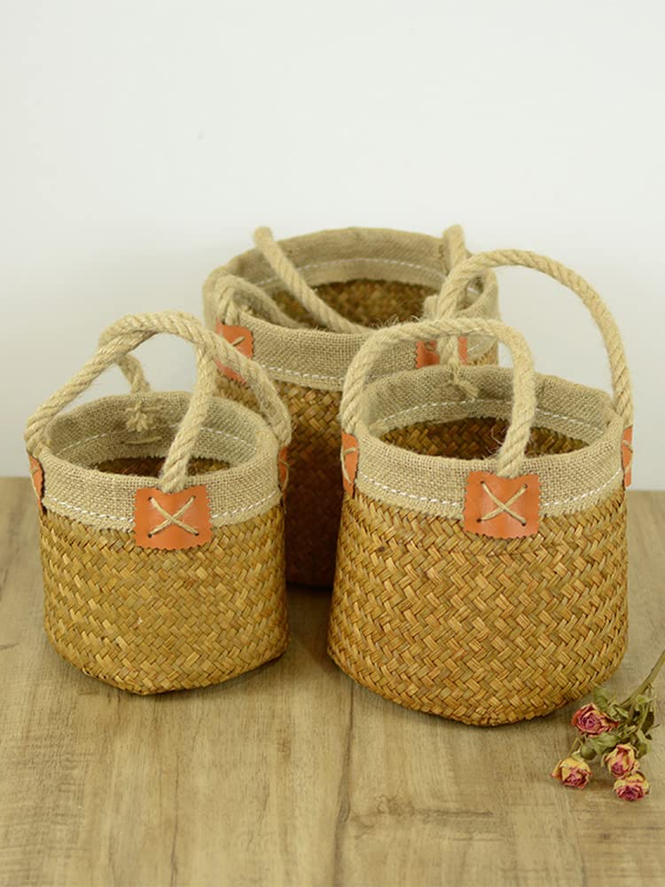 Keebgyy Woven Baskets, Belly Basket with Handles, Multi Purpose Seaweed Belly Basket with Handle, Decorative Basket for Living Room and Bedroom and for Storage of Blankets, Home Decor(#3)