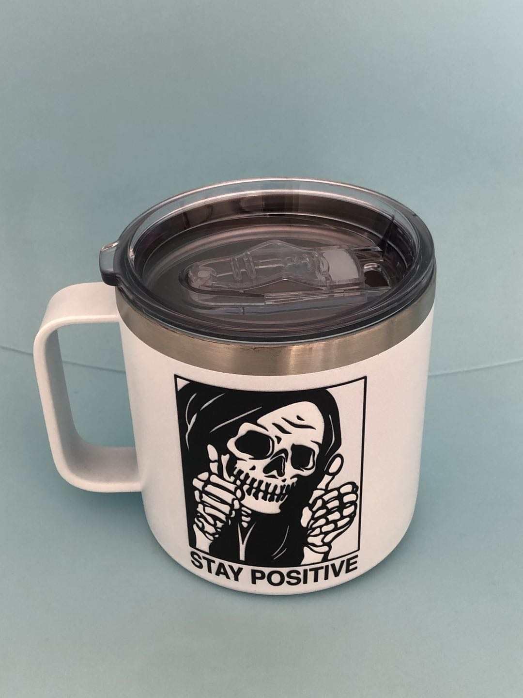 EXIGENT Funny Stay Positive Skull Coffee Tea Cup Mug Collectible 14Oz Ounces Birthday Gifts Decorations (SKULL)