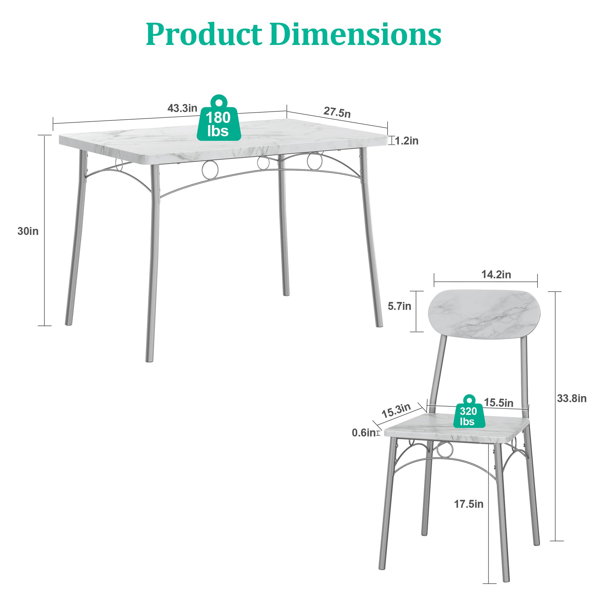 VECELO 5-Piece Dining Room Table Set, Rectangular Dinette with 4 Chairs for Kitchen, Breakfast Nook, Small Space, Marble White