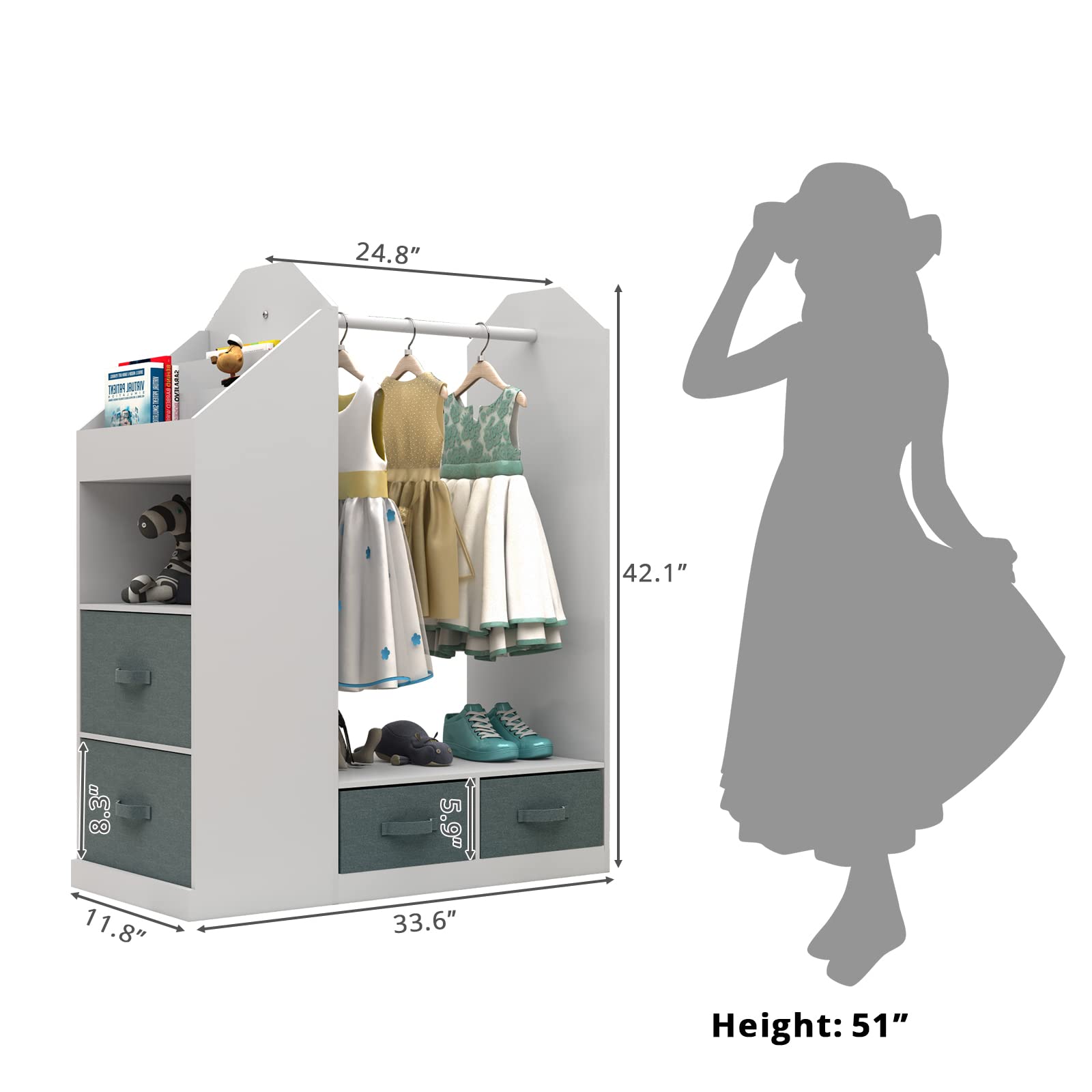 Kids Costume Organizer, Costume Rack, Kids Dress up Storage with Mirror and Storage Bin,Open Hanging Kids Play Armoire Dresser with Mirror,Pretend Storage Closet for Kids,Costume Storage Dresser