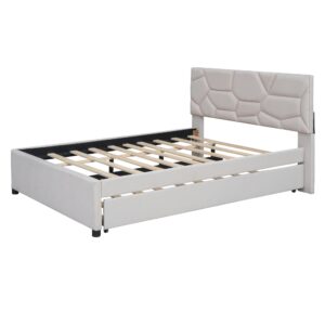 Favfurish Full Upholstered Platform Bed with Brick Pattern Headboard, with Twin Size Trundle,for Bedroom,Living, Guest Room,Apartment, Linen Fabric,Beige