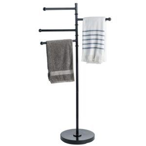 mygift 4ft tall matte black metal floor standing towel holder rack with 4 swivel bars, indoor and outdoor spa pool hot tub valet accessories storage stand