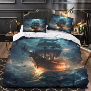 ERGTT Pirate Ship for Boys Girls Duvet Cover 3D Print Ship Quilt Cover Comforter Covers Bedding Set with Pillow Cases with Zipper Closure Soft Microfiber 3 Pieces Full（203x228cm）, Style-8