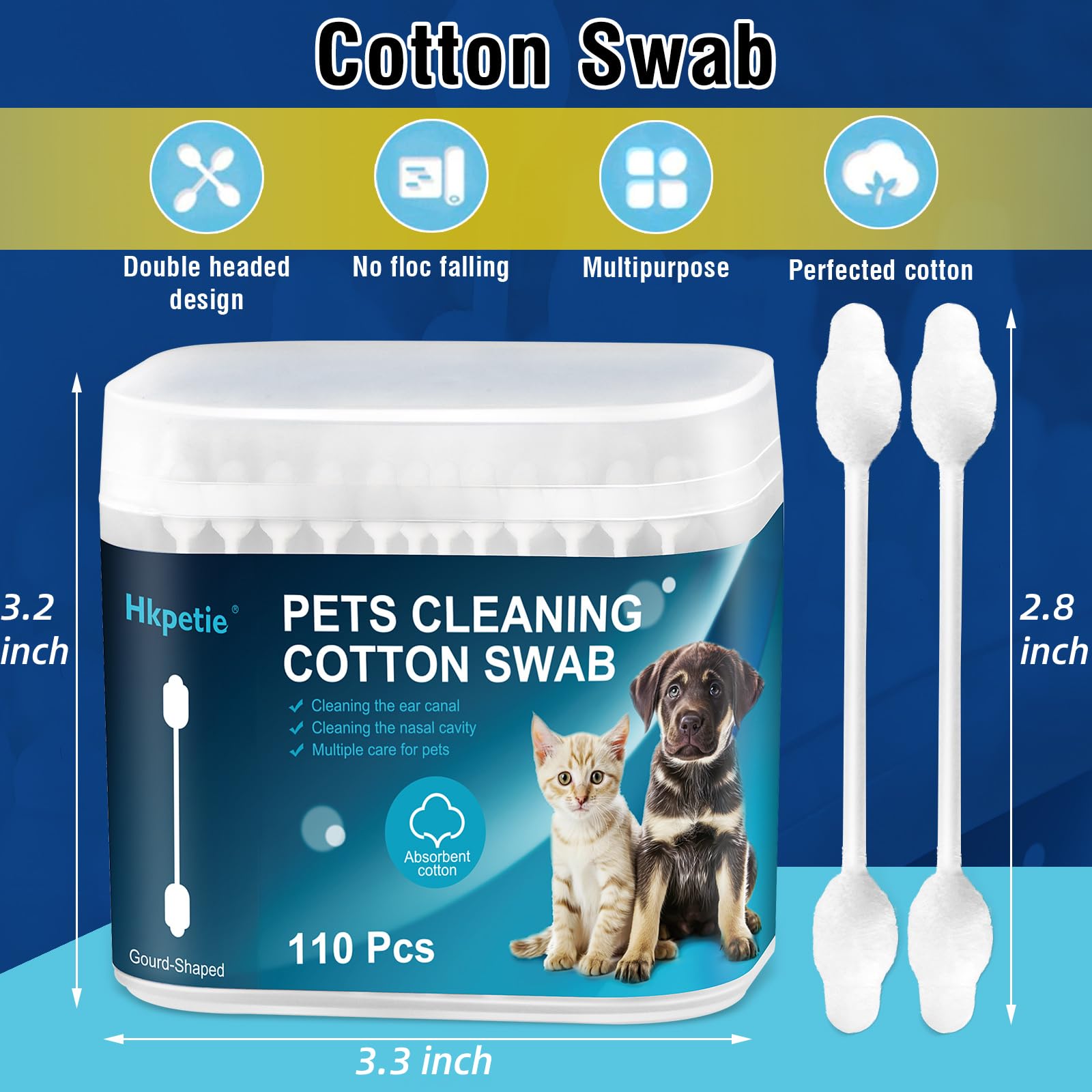 Hkpetie Cotton Swab for Pets, 110 pcs Cotton Buds for Dogs and Cats, Safety Dog Ear Infection Treatment, Specially Designed Cotton Sticks for Puppy and Kitten Ear Care