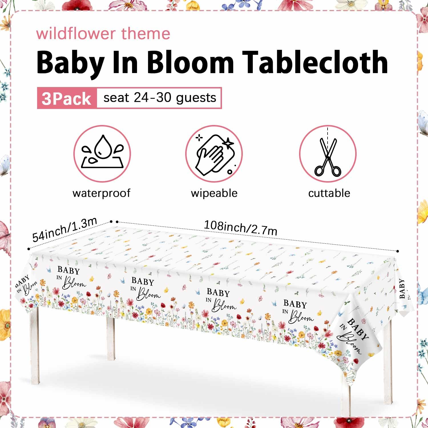 Heboland 3 Pack Baby in Bloom Baby Shower Tablecloth Decorations, Wildflower Floral Large Size 54 x 108 Inch Rectangular Plastic Tablecloth Party Decor