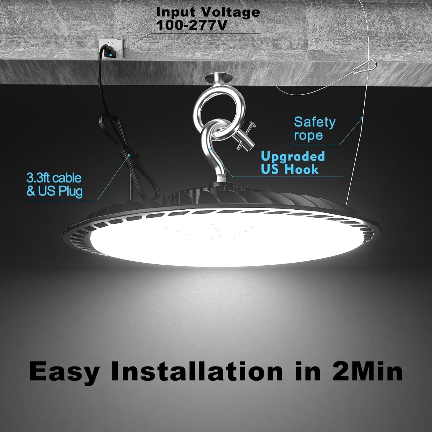 Upgrade 300W LED High Bay Light 45000lm (Eqv.1200W MH/HPS) Commercial Bay Lighting, 5000K LED UFO High Bay- 2Pack (Coverage:66~110ft at Height:30~50FT)