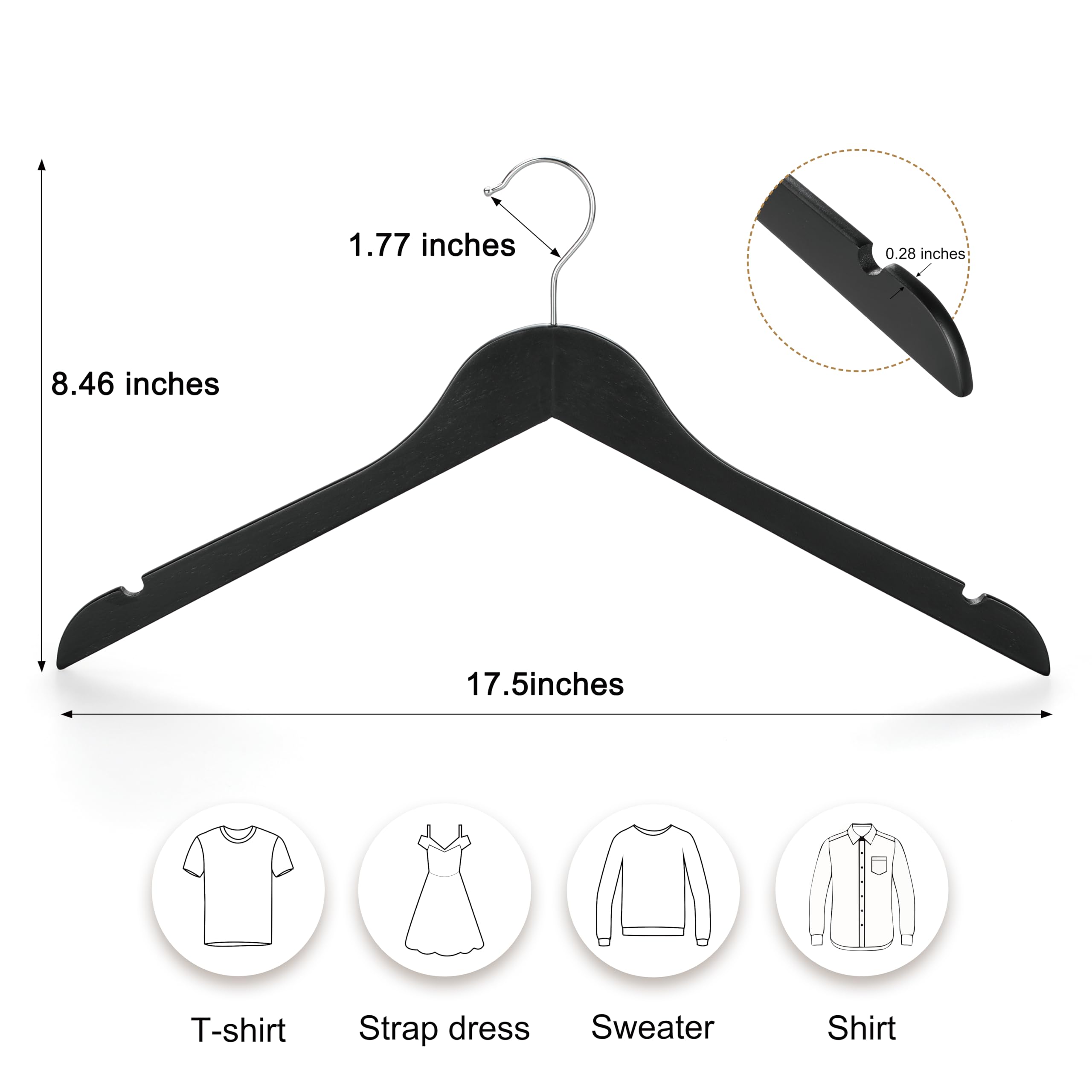 TOPIA HANGER Wooden Hangers 30 Pack, 0.28-inch Slim & Durable Clothes Hangers Space Saving, Black Wood Hanger with 360°Swivel Hook and Non-Slip Shoulder Notches for Coat,Shirts, Camisoles, CT51B