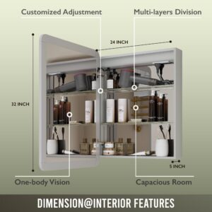 imgflx 24‘’x32‘’ Medicine Cabinet w/LED Mirror, Bathroom Lights Mirror, Recessed or Surface Mounted, Alumimum Alloy Frame, w/Cold&Warm Light, Defogger, Stepless Dimmer, Outlets&USB (24X32 in|1 Door)