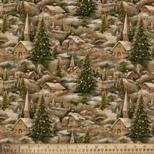 david textiles christmas trees & church with glitter cotton fabric by the yard