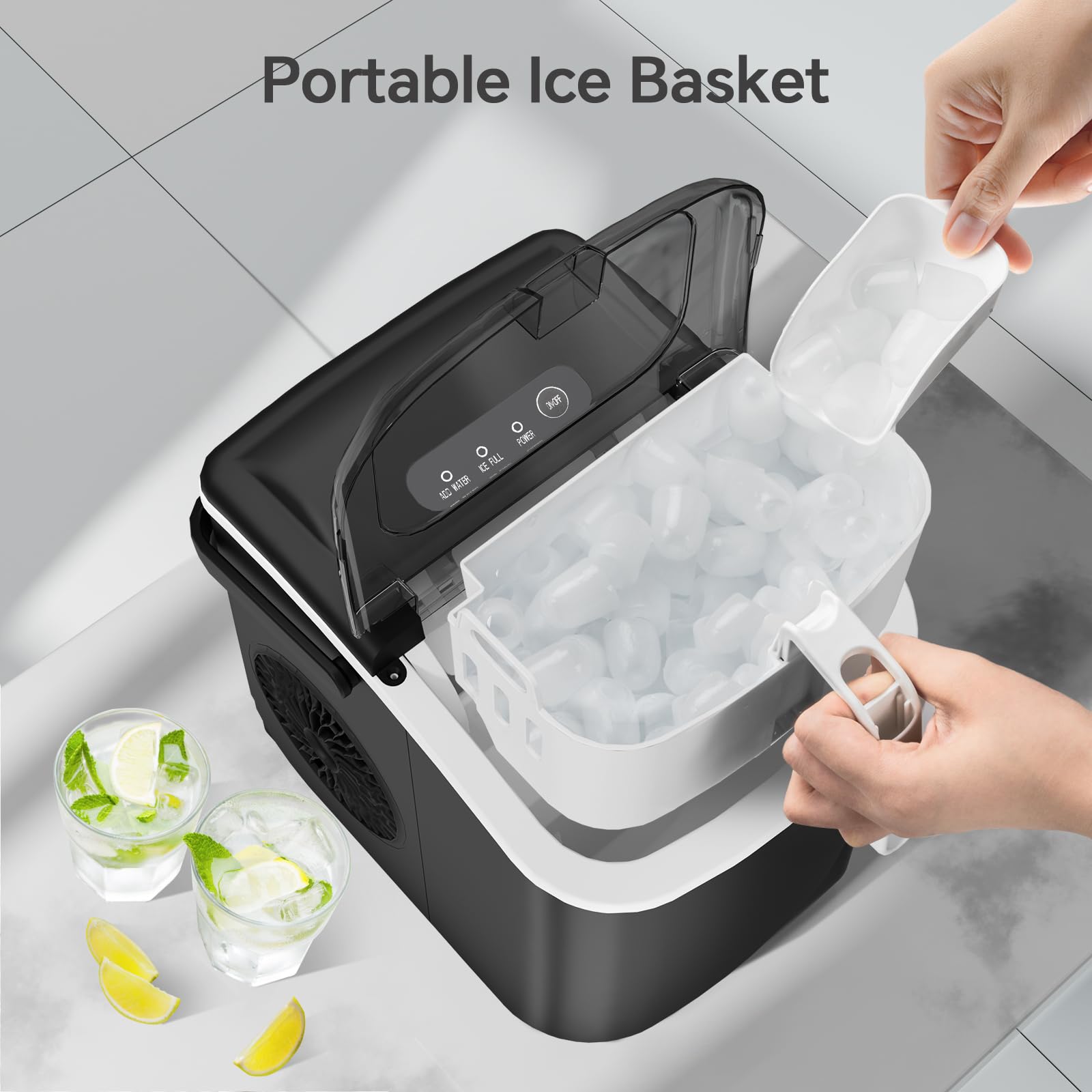 LHRIVER Ice Makers Countertop,26Lbs/24H,9 Pcs/6 Mins,Portable Countertop Ice Maker Machine with Self-Cleaning,Small Ice Maker with Ice Basket Handle for Home/Kitchen(Black)