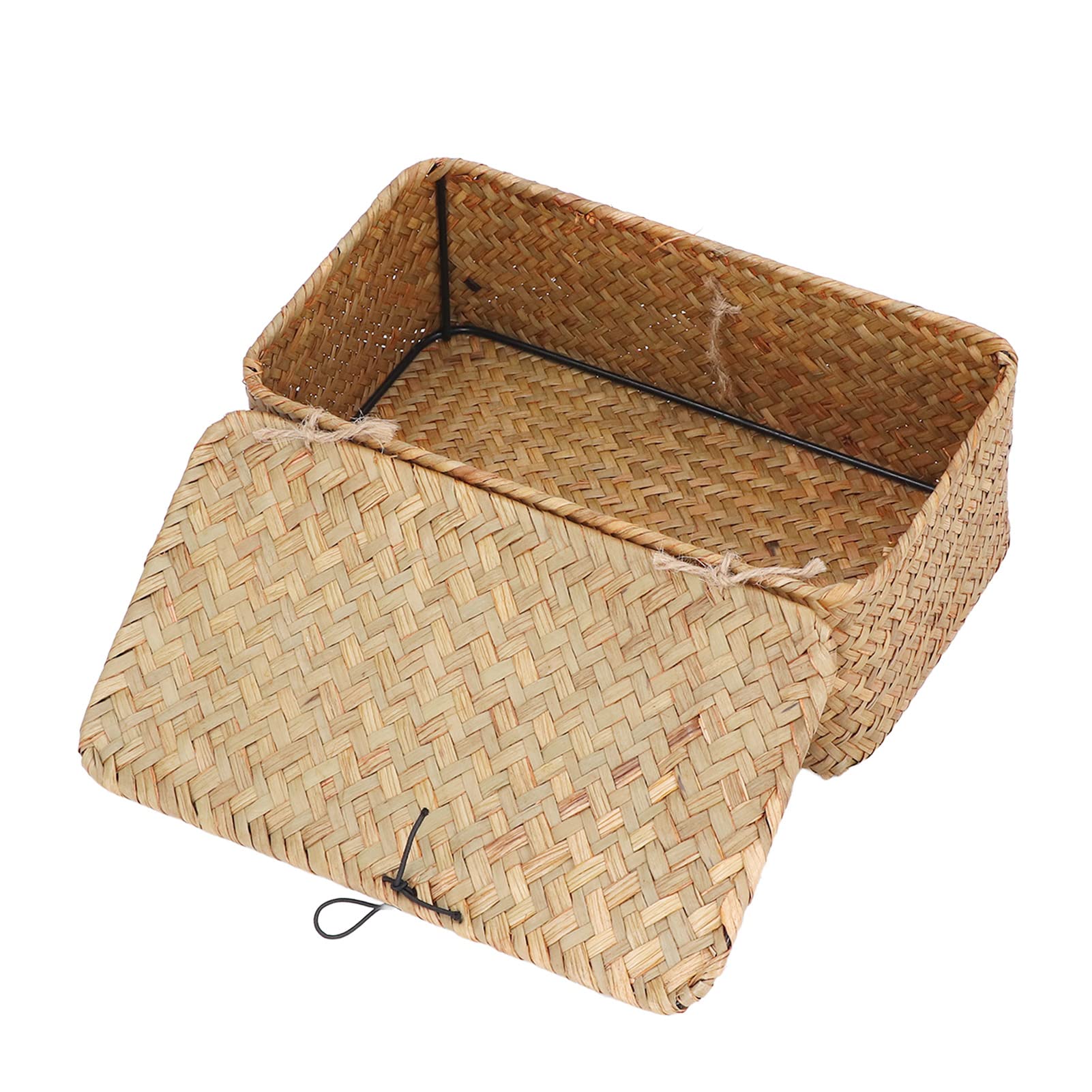 Rectangular Seagrass Basket, Storage Woven Box Wicker Bins with Lid Baskets for Organizing Desktop Hand Shelf Lids Organizers Handwoven Household Basket Boxes Home Organize (L)