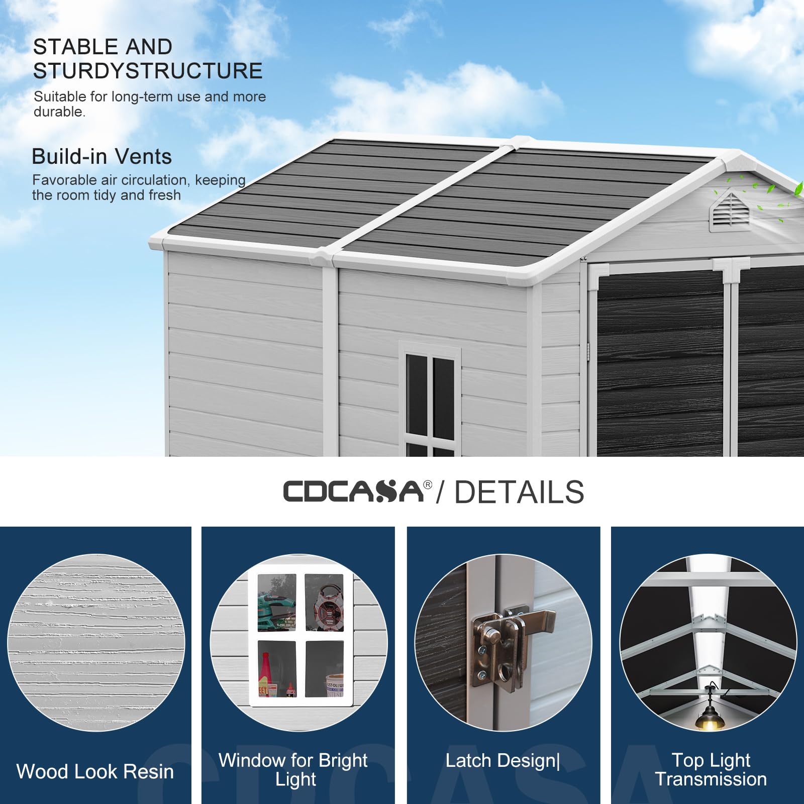 CDCASA 8x6 Feet Resin Storage Shed, Waterproof Outdoor Shed with Floor & Lockable Door & Window & Vents, Plastic Tool Shed for Backyard, Patio, Poolside, Lawn, Dove Grey