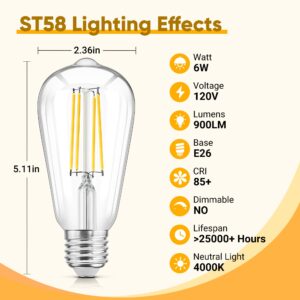 WIHTU LED Edison Light Bulbs, Vintage 6W LED Bulb 60W Equivalent, St58 4000K Daylight Soft White, Bright LED Filament Bulb with CRI 85+, E26 Standard Base, 900LUM, Non-Dimmable, Clear Glass, Pack of 4