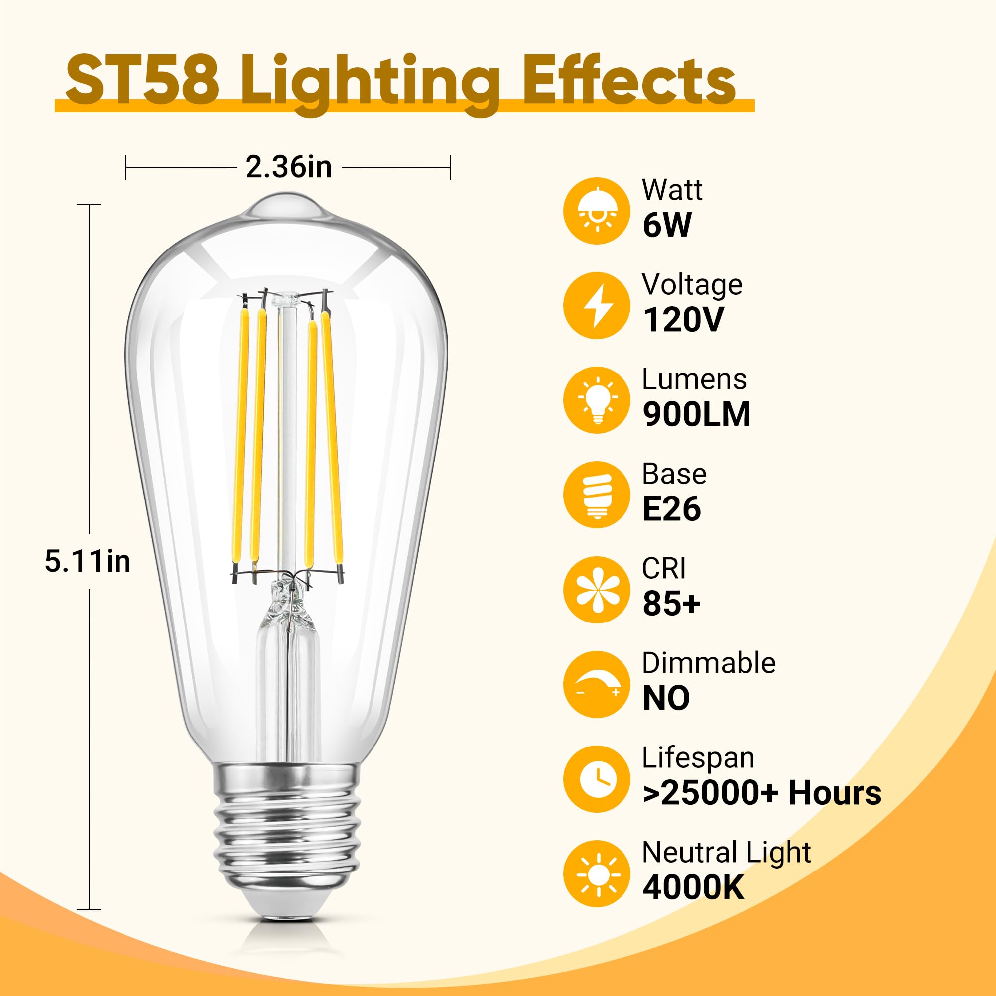 WIHTU LED Edison Light Bulbs, Vintage 6W LED Bulb 60W Equivalent, St58 4000K Daylight Soft White, Bright LED Filament Bulb with CRI 85+, E26 Standard Base, 900LUM, Non-Dimmable, Clear Glass, Pack of 4