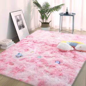 AIMECO Area Rugs for Bedroom, 4X6 Ft Fluffy Rug Carpet Shag Rug for Living Room Bedside Nursery Girls Bedroom, Tie-Dyed Pink