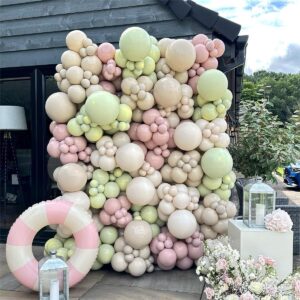 Pastel Green and Yellow Balloon Garland Arch kit - All Double Stuffed Balloons with Blush Pink Cream Grey Balloons for Birthday Baby Shower Bridal Shower Wedding Party