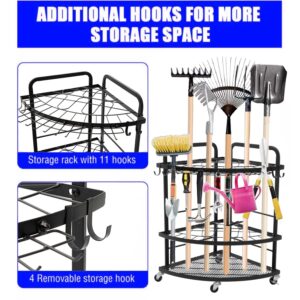 DIYTuning Garden Tool Organizer with Lockable Wheels and Storage Hooks,Garage Lawn and Outdoor,Steel Yard Tool Racks to Store Yard Long Rakes,Brooms,Mops and Buckets,Garden Tool Rolling Cart