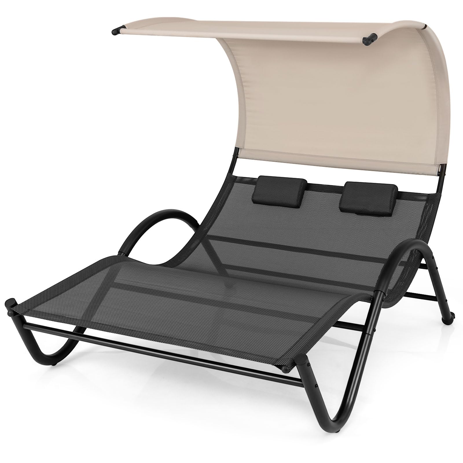 Tangkula 2 Person Lounge Chair with Canopy, Outdoor Chaise Lounge with 2 Detachable Pillows, UPF50+ Extra Large Double Patio Hammock Sunbed Chair with 2 Wheels for Backyard, Poolside