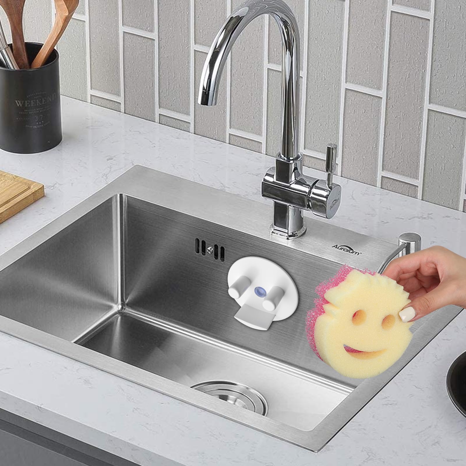 Sponge Holder, Sink Caddy for Scrub Sponges, Kitchen/Bathroom Sink Sponge Storage with Suction Cup Installation，Holding Smiley Sponges，Self-Draining and Dishwasher Safe(Sponges Not Included),1pcs