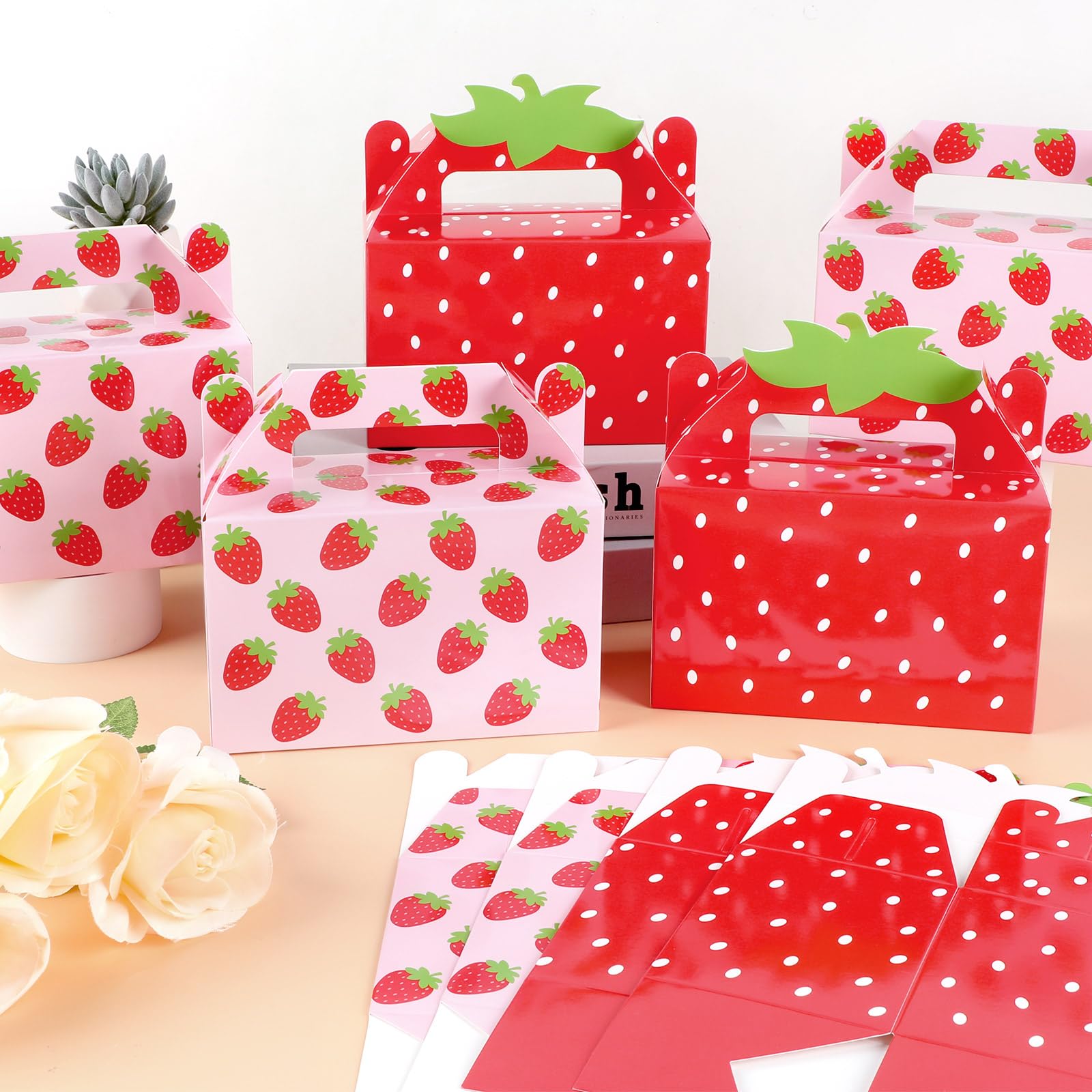 ojustbeok 12Pcs Strawberry Party Favor Box Summer Strawberry Gift Boxes Cute Fruit Goody Boxes Folding Paper Treat Box for Sweet One Strawberry Birthday Baby Shower Decor Supplies 6.3 * 3.2 * 3.9inch