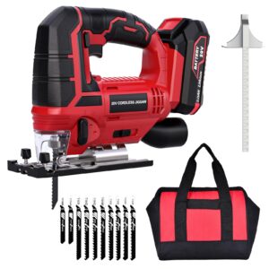 jig saw - 20v cordless jigsaw with battery and charger 2700 spm rechargeable jigsaw with 10pcs cutting blades bevel angle (±45°) variable speed and 4 orbital function for straight/curve/circle cutting