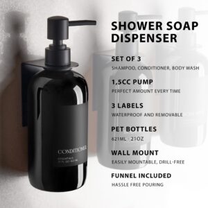 Stylish Shampoo and Conditioner Dispenser Set of 3 for Wall Mount - Modern Drill Free 21oz Shower Soap Bottles with Labels - Easy Refill Body Wash Dispensers for an Instant Bathroom Decor Upgrade