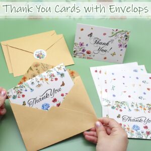 Anvin Thank You Cards 24 Pcs with Kraft Envelopes and Stickers Wildflower Design Blank Note Cards for Wedding, Business, Baby Shower, Funeral, Graduation, Bridal Shower (4x6 Inch)