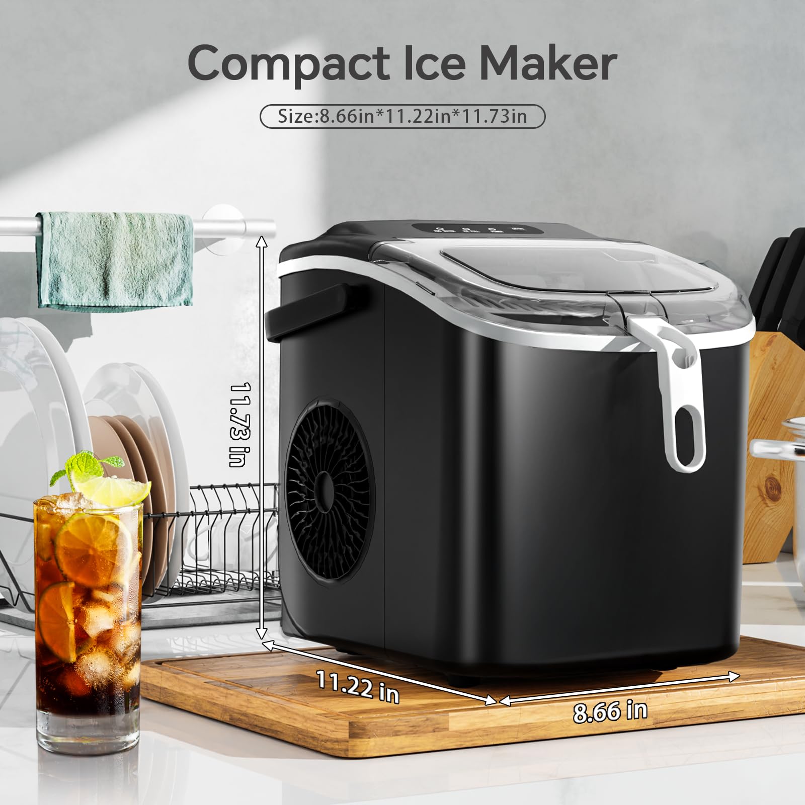 LHRIVER Ice Makers Countertop,26Lbs/24H,9 Pcs/6 Mins,Portable Countertop Ice Maker Machine with Self-Cleaning,Small Ice Maker with Ice Basket Handle for Home/Kitchen(Black)