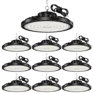 xinghuanlit ufo led high bay light 200w 10 pack, 28000lm high bay led shop lights 6500k daylight ip65 waterproof commercial bay lighting with 6.56ft plug, ufo lights for garage warehouse factory