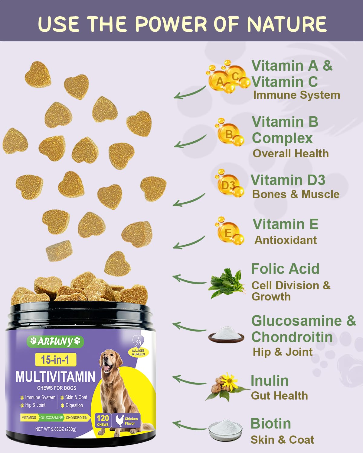 15 in 1 Dog Multivitamin Supplement - Dog Vitamins for Immune System, Digestion, Hip & Joint, Skin & Coat - Multivitamin Chews for Dog with Glucosamine & Chondroitin - Chicken Flavor, 120 Chews