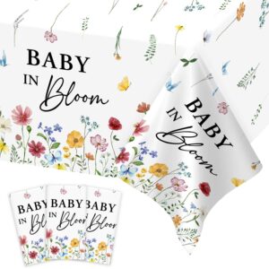 heboland 3 pack baby in bloom baby shower tablecloth decorations, wildflower floral large size 54 x 108 inch rectangular plastic tablecloth party decor