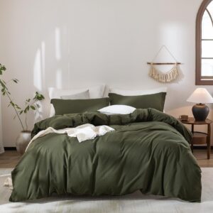 warm moment olive green duvet cover queen size, 100% washed cotton bedding set cover 1 duvet cover 90inch x 90inch with zipper closure and 2 pillowcases, olive green