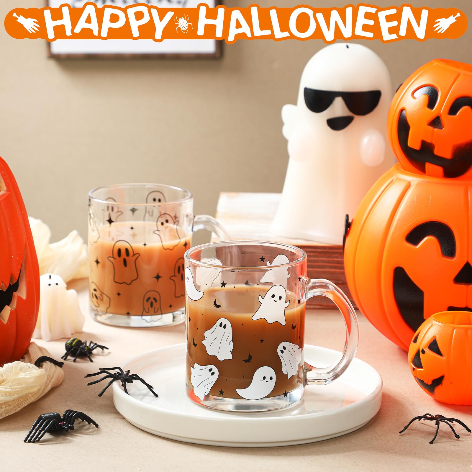 RimCereal 4 PCS Halloween Ghosts Glass Coffee Mugs with Handle Spooky Iced Coffee Cup Halloween Home Decor Cute Halloween Gifts Halloween Spooky Cups, 12oz