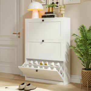 vowner shoe cabinet with 3 flip drawers, freestanding shoe storage cabinet with adjustable shelf & anti-tipping device, shoe rack for entryway, hallway, living room (white)