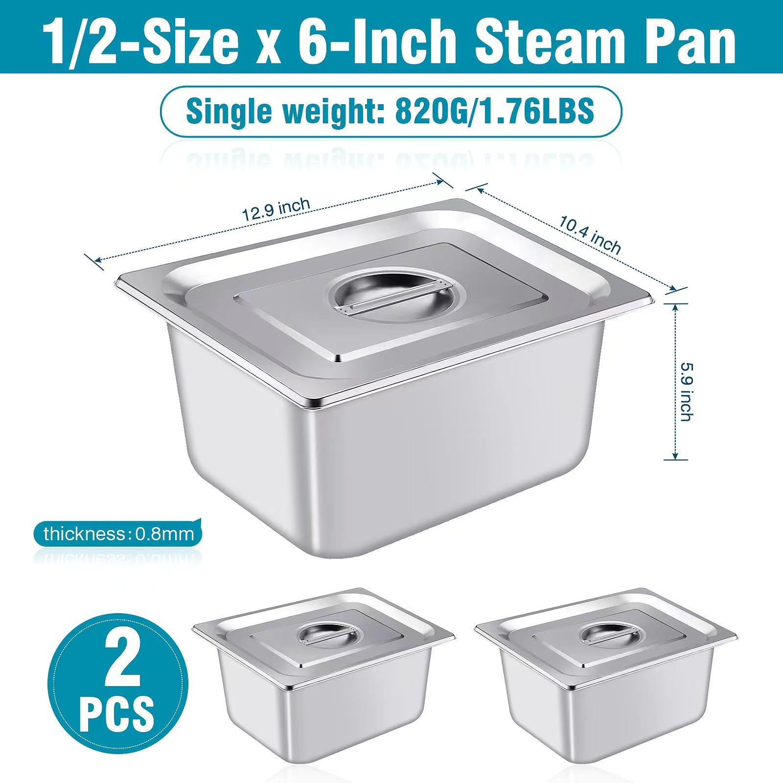 2 Pcs 1/2 Size x 6 Inch Deep Half Size Steam Table Pans Stainless Steam Hotel Pan with Lid Restaurant Supplies Food Pans for Home, Party, Buffet