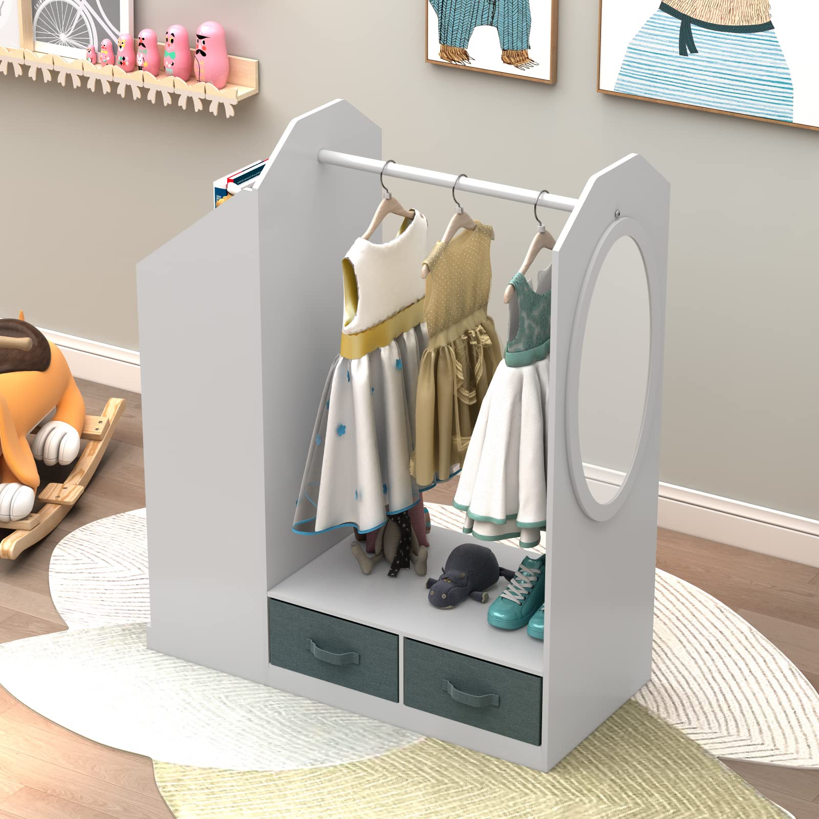 Kids Costume Organizer, Costume Rack, Kids Dress up Storage with Mirror and Storage Bin,Open Hanging Kids Play Armoire Dresser with Mirror,Pretend Storage Closet for Kids,Costume Storage Dresser