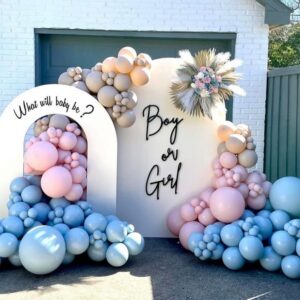 Gender Reveal Balloon Arch Garland Kit, 140Pcs Dusty Pink Misty Blue White Sand Nude Balloons for Boho Neutral Baby Shower Boy or Girl Gender Reveal Birthday Bear Theme Party Decorations