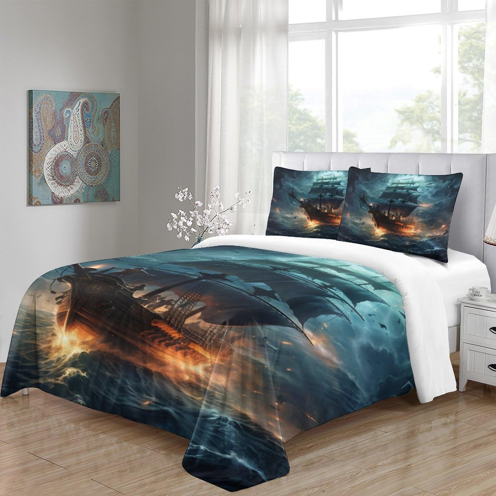 ERGTT Pirate Ship for Boys Girls Duvet Cover 3D Print Ship Quilt Cover Comforter Covers Bedding Set with Pillow Cases with Zipper Closure Soft Microfiber 3 Pieces Full（203x228cm）, Style-8