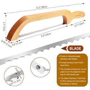 Esprideoca Bread Knife, Bread Slicer for Homemade Bread, 16" Wooden Serrated Bread Bow Knife, Sourdough Bread Cutter, Bread Knife For Homemade Bread Bagels, Baguettes, Premium Stainless Steel