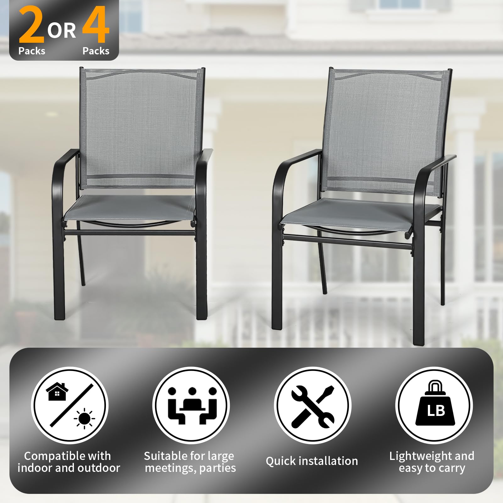 Betterland 4 Piece Patio Textilene Dining Chairs, Outdoor Metal Dining Chair Set of 4, Chair for Indoor & Outdoor Dining Table Garden Backyard Bistro Furniture, Grey