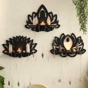 artilady lotus flower crystal shelf -3 pack floating shelves for wall bedroom decor black cute display shelf for crystals and stones aesthetic boho room decorations witchy gift for women…